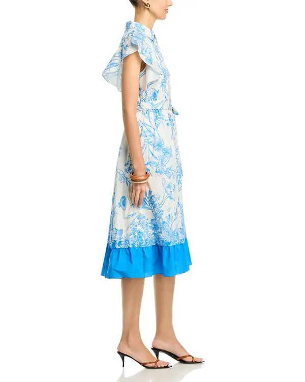 T Tahari Flutter Sleeve Floral Print Midi Dress