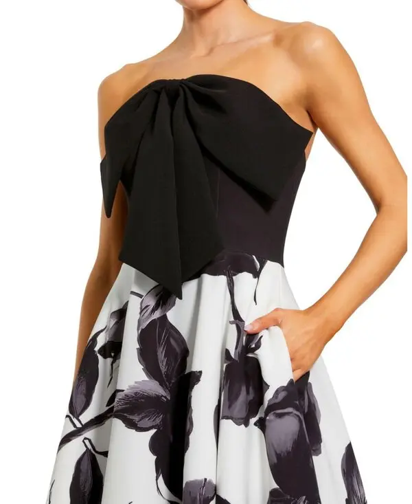 Mac Duggal Strapless Printed Midi Dress With Oversized Bow