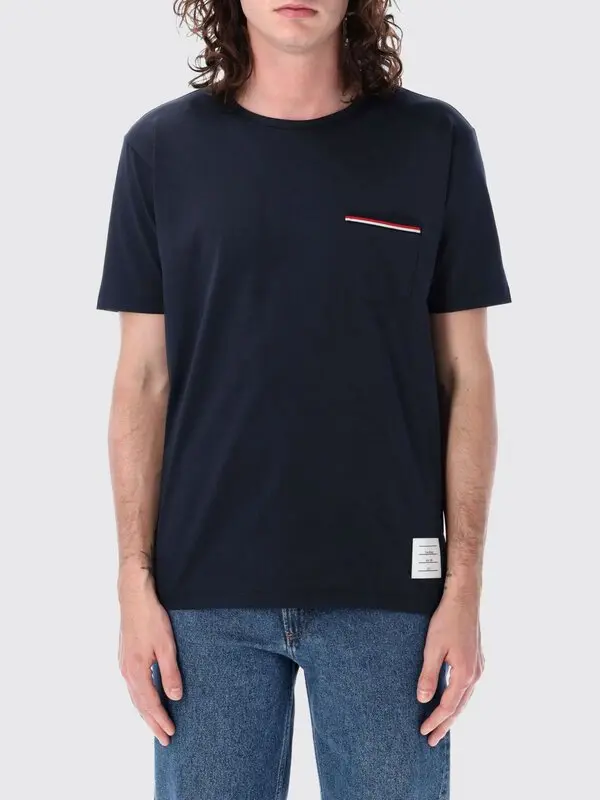 Thom Browne 4-bar Cotton T-shirt With Patch Pocket - Blue