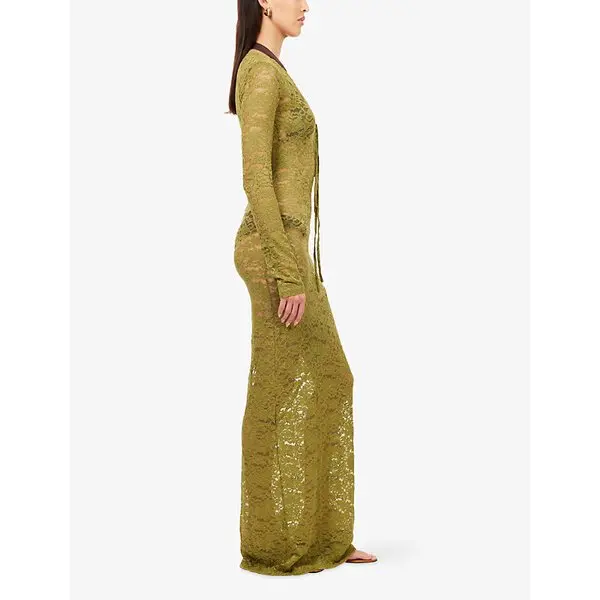HYPHEN Deep-plunge Stretch-lace Maxi Dress