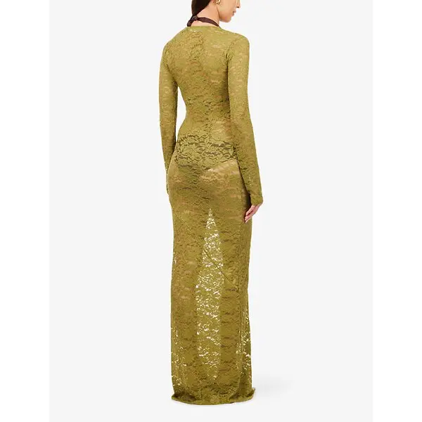 HYPHEN Deep-plunge Stretch-lace Maxi Dress