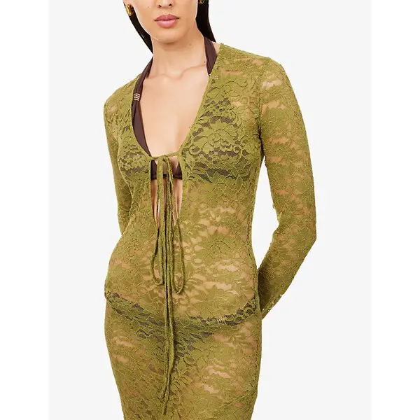 HYPHEN Deep-plunge Stretch-lace Maxi Dress