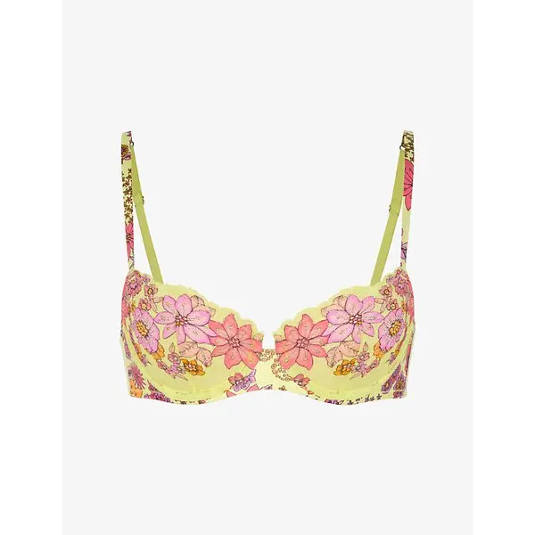 SAVAGE X FENTY Mod Poppy Unlined Lace Balconette Bra - Sun Lime Floral Ply Lace