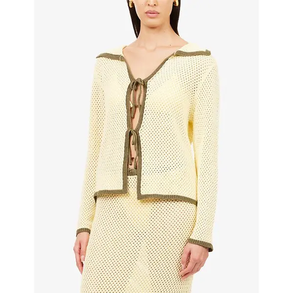 HYPHEN Contrast-trim Crochet Knit Cotton-blend Top
