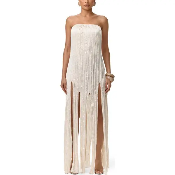 Naked Wardrobe Strapless Fringed Satin Plissé Maxi Dress - Crema