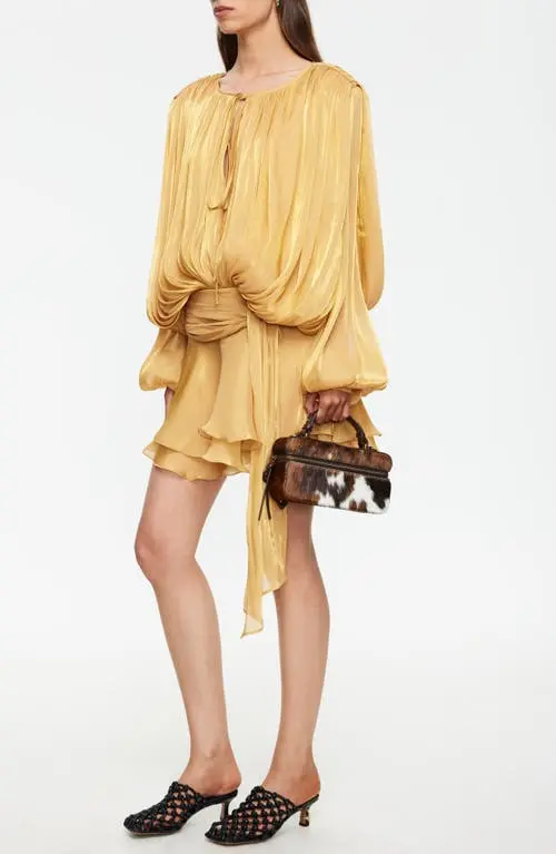 Lioness Pleated Long Sleeve Mini Dress - Apricot