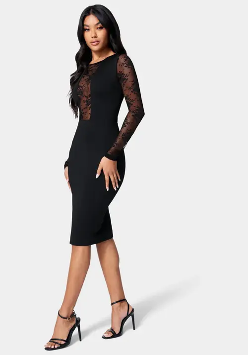 Bebe Lace Inset Fitted Midi Dress