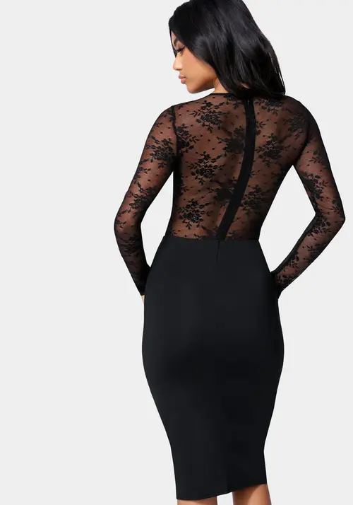 Bebe Lace Inset Fitted Midi Dress