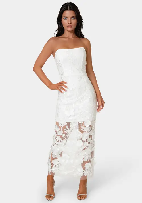 Bebe Strapless 3d Lace Column Dress - White
