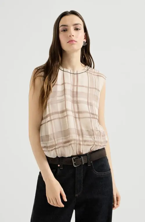 Brunello Cucinelli Macrocheck Print Silk Organza T-shirt - Buff