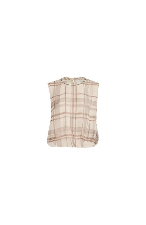 Brunello Cucinelli Silk Organza Macrocheck T-shirt With Shiny Neck Detail
