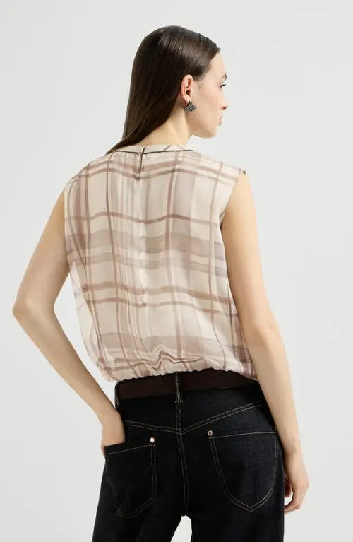 Brunello Cucinelli Silk Organza Macrocheck T-shirt With Shiny Neck Detail