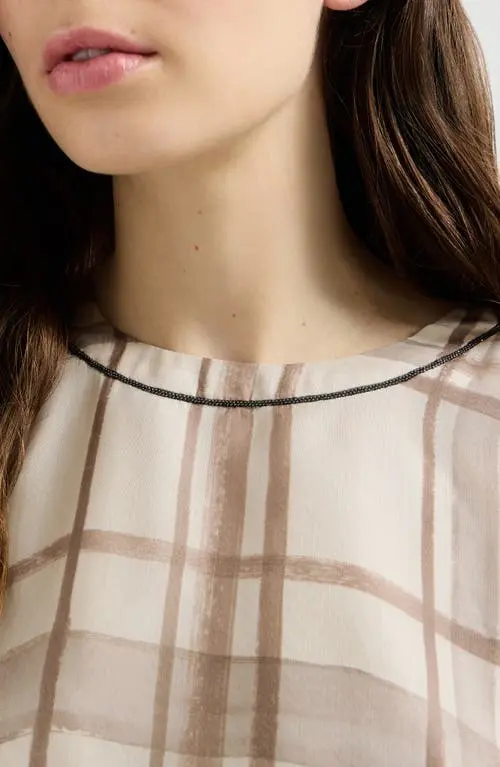 Brunello Cucinelli Silk Organza Macrocheck T-shirt With Shiny Neck Detail