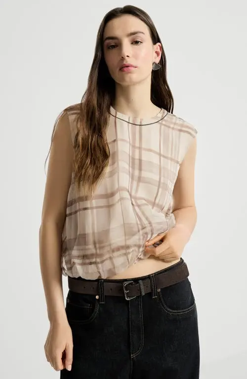 Brunello Cucinelli Silk Organza Macrocheck T-shirt With Shiny Neck Detail