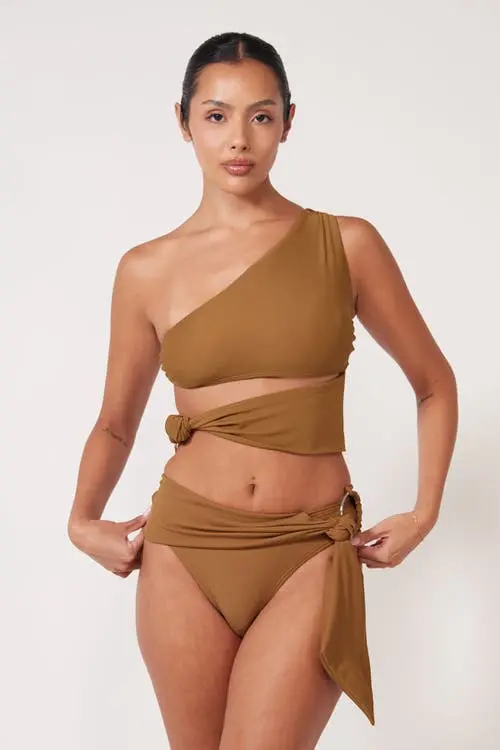 VILLA FRESCA Remy One-shoulder Bikini Top With Knot Detail - Cork