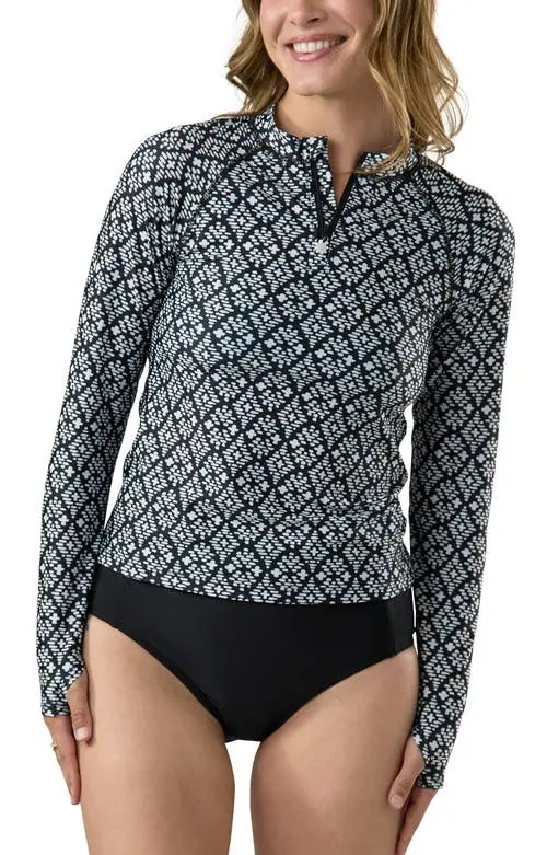 UV SKINZ Two Piece Long Sleeve Active Swim Set With High Rise Bikini Bottoms - Black Mosaic