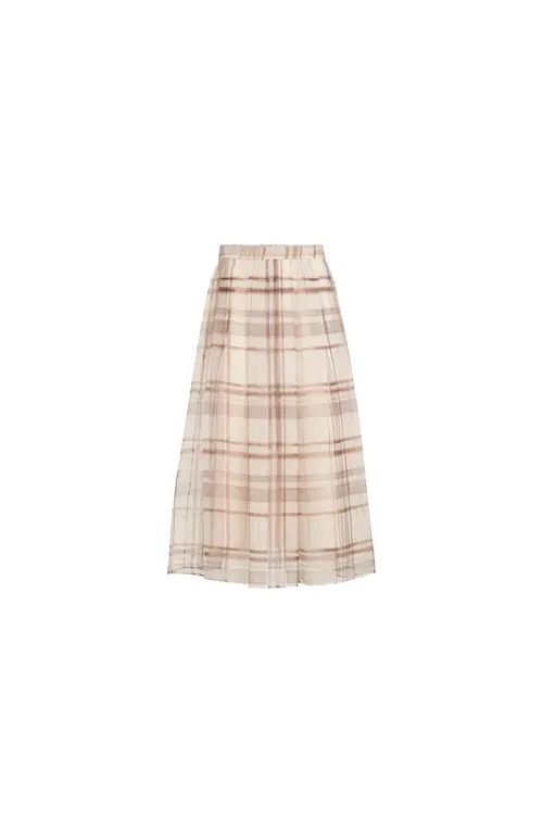Brunello Cucinelli Macrocheck Print Silk Organza Pleated Skirt - Beige