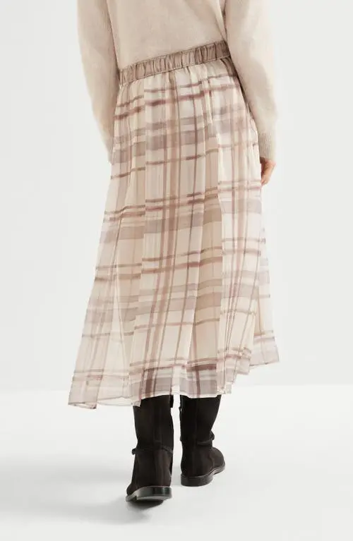 Brunello Cucinelli Macrocheck Print Silk Organza Pleated Skirt - Beige