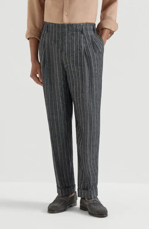 Brunello Cucinelli Linen Chalk Stripe Chevron Trousers - Dark Grey
