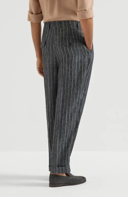 Brunello Cucinelli Linen Chalk Stripe Chevron Trousers With Double Pleats - Dark Grey