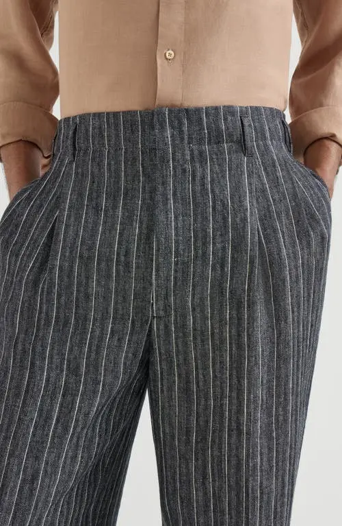 Brunello Cucinelli Linen Chalk Stripe Chevron Trousers With Double Pleats - Dark Grey