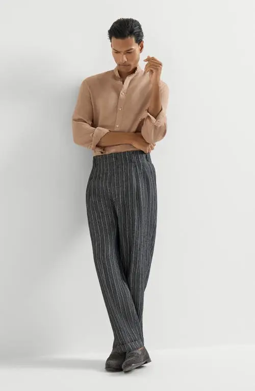 Brunello Cucinelli Linen Chalk Stripe Chevron Trousers With Double Pleats - Dark Grey