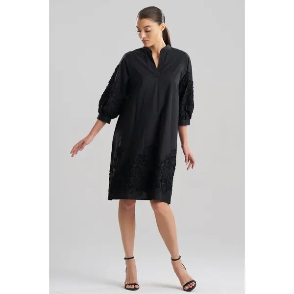 Natori Carnation Embroidery Cotton Voile Puff Sleeve Peasant Dress - Black