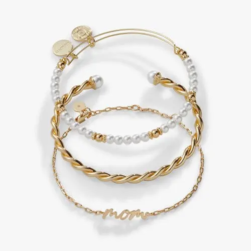 ALEX AND ANI Mama" Script Bracelet Set With Pearls - Gold