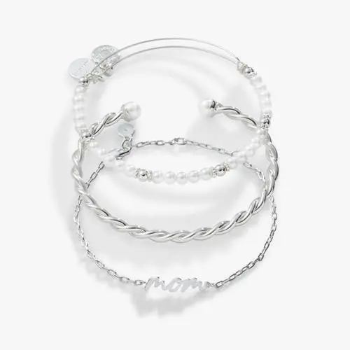 ALEX AND ANI Mama" Script Bracelet Set With Pearls - Silver