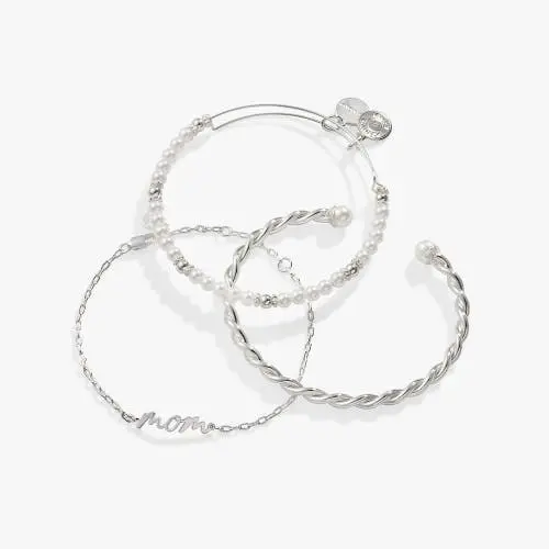 ALEX AND ANI Mama" Script Bracelet Set With Pearls - Silver