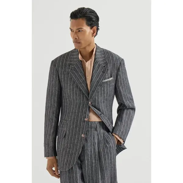 Brunello Cucinelli Linen Chalk Stripe Chevron Tailor Blazer With Metal Buttons - Anthracite