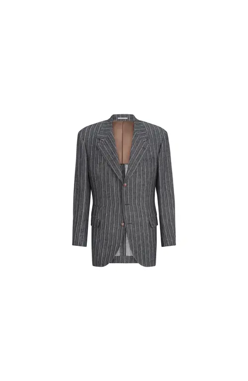 Brunello Cucinelli Linen Chalk Stripe Chevron Tailor Blazer With Metal Buttons - Anthracite