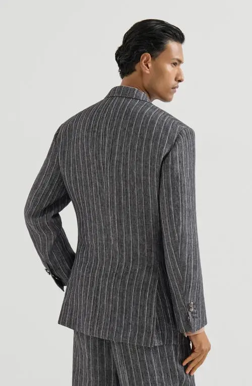 Brunello Cucinelli Linen Chalk Stripe Chevron Tailor Blazer With Metal Buttons - Anthracite