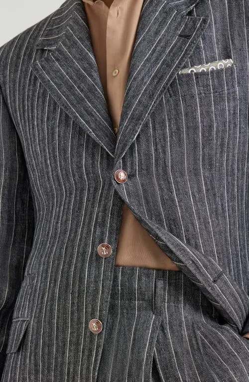 Brunello Cucinelli Linen Chalk Stripe Chevron Tailor Blazer With Metal Buttons - Anthracite