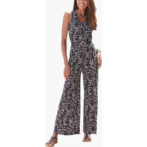 LASCANA Printed V-neck Wide Leg Jumpsuit - Black & Sand