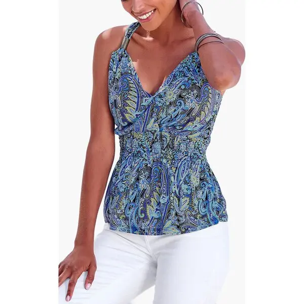 LASCANA Sleeveless V-neck Empire Waist Top - Blue Multi