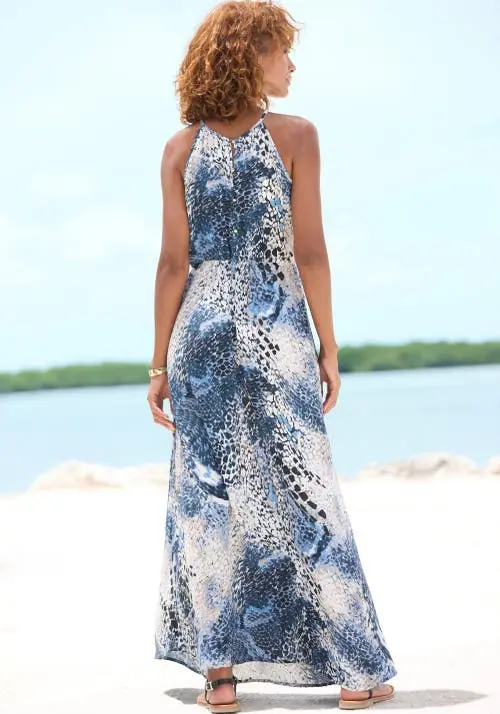 LASCANA High Neck Sleeveless Maxi Dress - Blue-printed