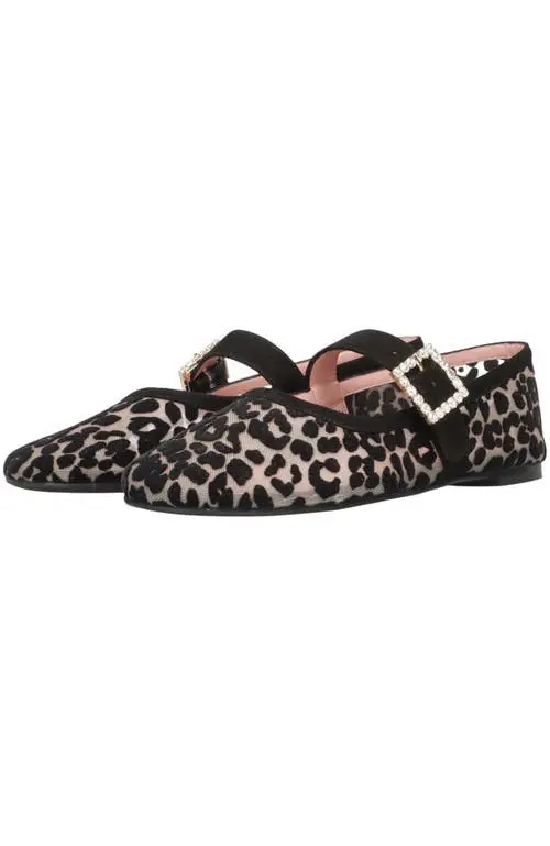 Pretty Ballerinas Leopard Mesh Crystal Buckle Ballet Flats - Black