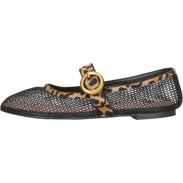 Pretty Ballerinas Mesh Buckle Mary Jane Flats With Leopard Trim - Black