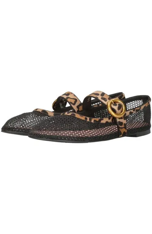 Pretty Ballerinas Mesh Buckle Mary Jane Flats With Leopard Trim - Black
