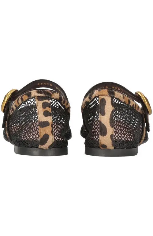 Pretty Ballerinas Mesh Buckle Mary Jane Flats With Leopard Trim - Black