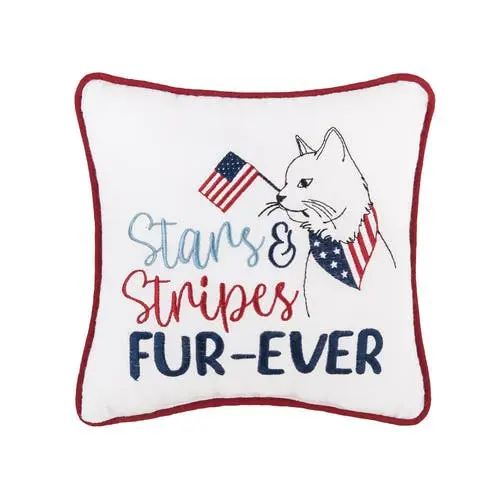 C&F HOME Patriotic Stars & Stripes Fur-ever Cat Mini Embroidered Accent Pillow - White