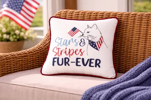 C&F HOME Patriotic Stars & Stripes Fur-ever Cat Mini Embroidered Accent Pillow