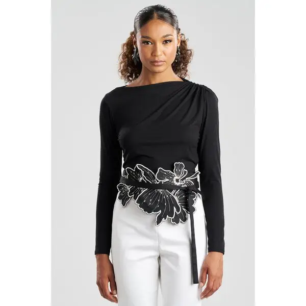 Natori Cotton Chino Embroidered Obi Belt - Black