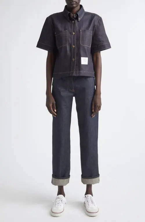 Thom Browne Short Sleeve Denim Button-down Shirt - Navy