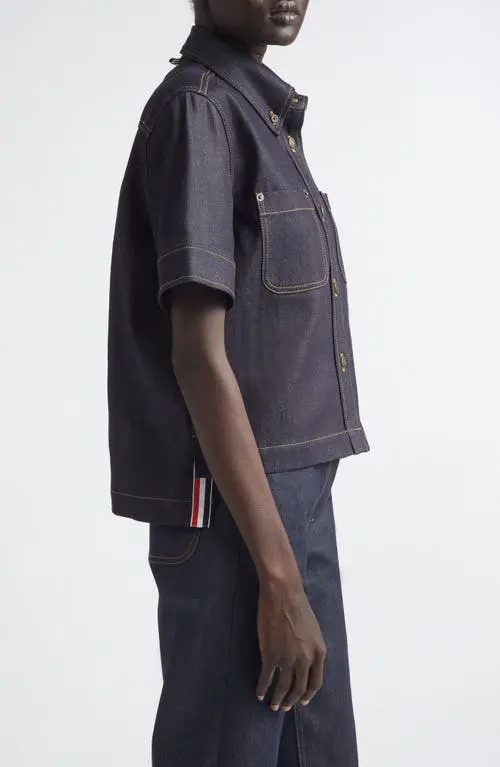 Thom Browne Short Sleeve Denim Button-down Shirt - Navy
