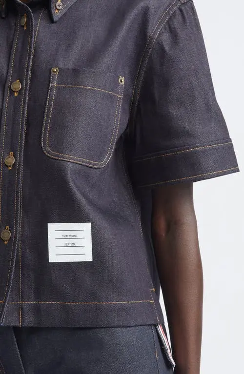 Thom Browne Short Sleeve Denim Button-down Shirt - Navy
