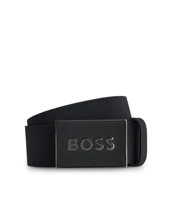 BOSS Logo Plaque Belt In Italian Leather - Black