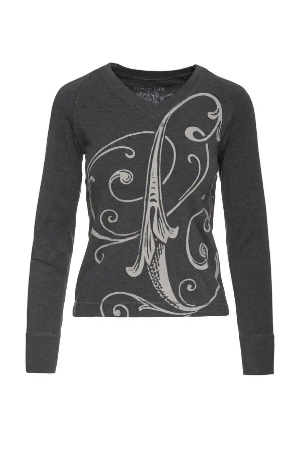 CONQUISTA V-neck Dark Print Top With Raglan Sleeves