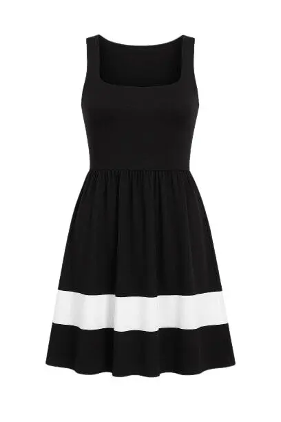 CONQUISTA Sleeveless Square Neck Pleated Dress With Contrast Panel
